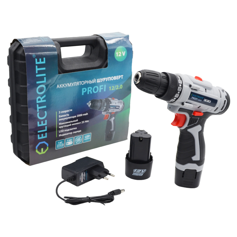 Шуруповерт аккумуляторный / Дрель шуруповерт ELECTROLITE PROFI 12/2.0 (12 В, 2,0 Ач, 25 Nm, 2 ...