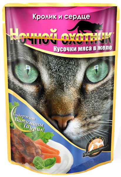 Корм Ночной охотник (в желе) для кошек, кролик и сердце, 100 г x 24 шт ...