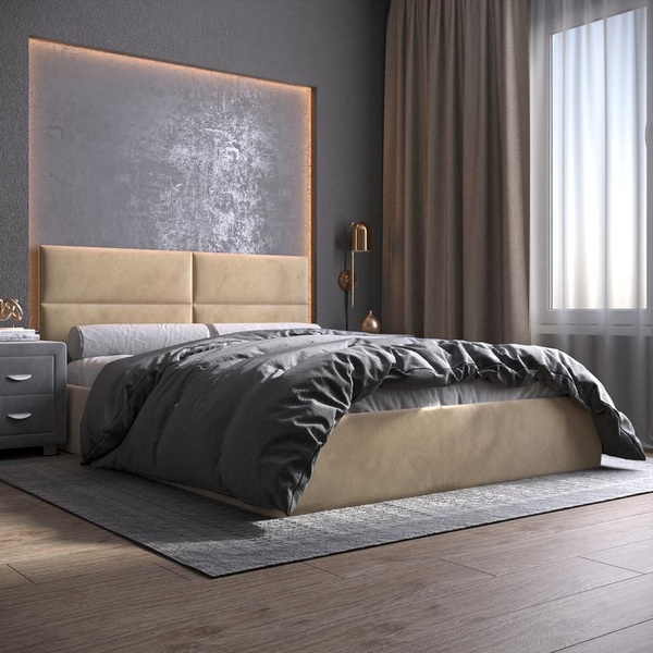 Мягкая кровать с настилом MS Kvadrat бежевый велюр, 130х190, без ножек ...
