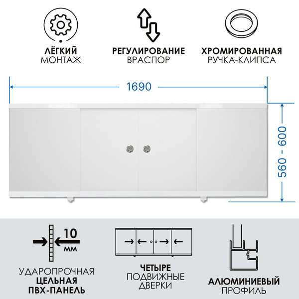 Экран под ванну белый 170 см, алюминиевый профиль, влагостойкий МетаКам ...