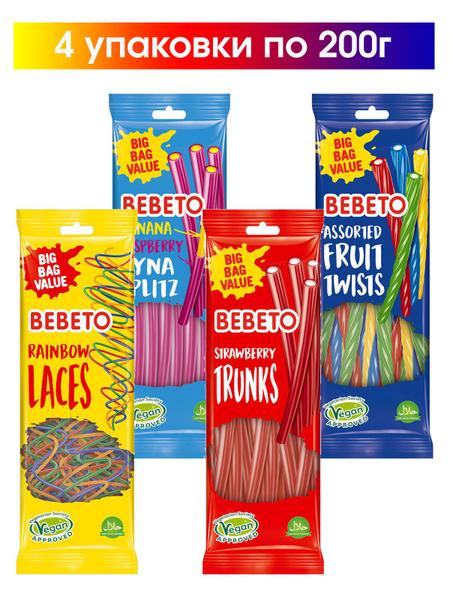 Мармелад жевательный BEBETO Ассорти 4 вида (Rainbow laces + Dyna splitz ...