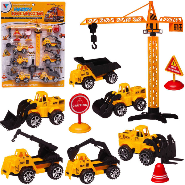 Набор машинок Junfa "На стройке" 6 шт, инерционных подъемный кран, дорожные знаки (WZ-17101 ...