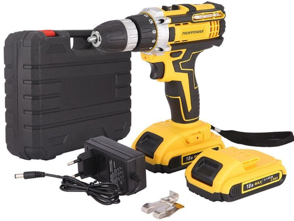 Аккумуляторная дрель-шуруповерт PROFIPOWER DW-18BT, 2 А/ч, набор из 31 предмета, кейс, 2 АКБ+ ЗУ ...