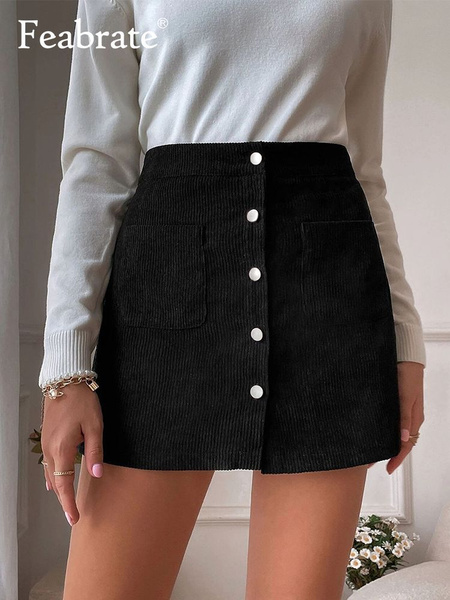 Юбка Женский Feabrate черный Вельвет, размер 48, 50 Пряжка Мини Разноцветный Лето облегающий ...