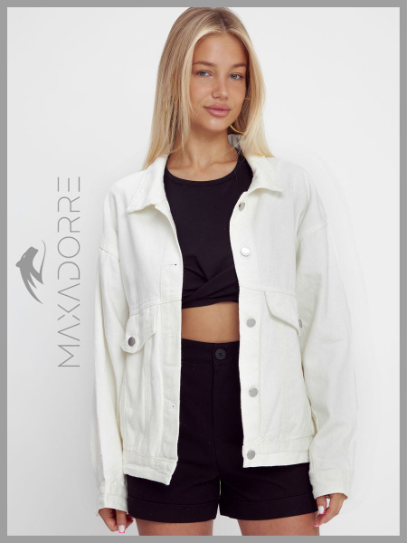 Куртка джинсовая Женский MAXADORRE Карманы, Воротник белый отложной Деним, размер 48 Длинный ...
