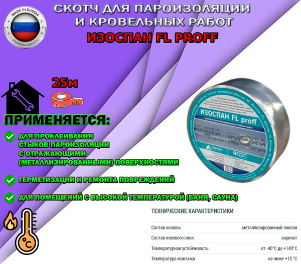 Термоустойчивый строительный скотч ИЗОСПАН FL proff металлизированная лента для пароизоляции ...