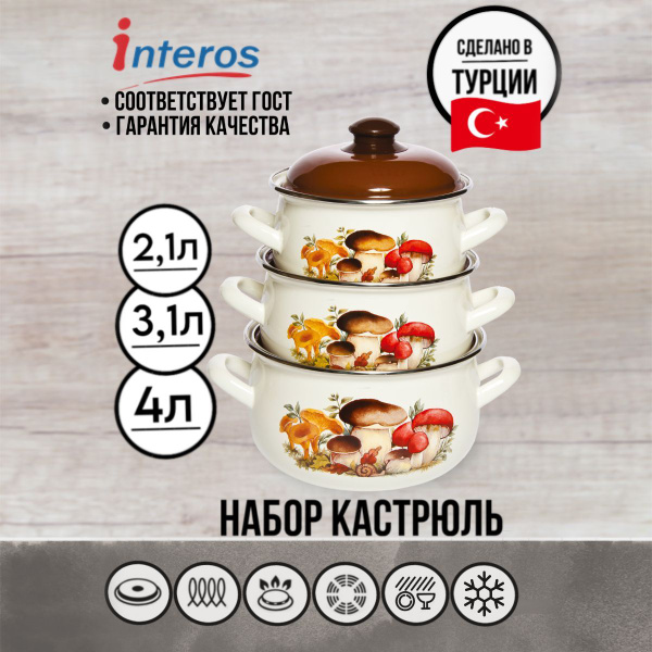 Набор кастрюль Interos, Нержавеющая сталь, Эмалированная сталь, 3,1 л, 4,1 л, 2,1 л - купить по ...
