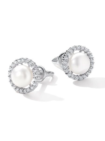 Pepela Jewelry Серьги Серьги-пусеты с жемчугом и фианитами из серебра ...