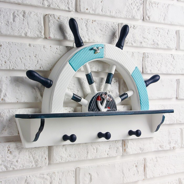 Вешалка интерьерная Штурвал , 3 крючка, бело-синяя, 45 х 28 х 5 см, На ...