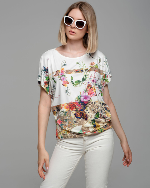 Футболка SAHAR art lab, размер 54, 56, цвет белый, бежевый, 70% вискоза, 25% полиэстер, 5% ...