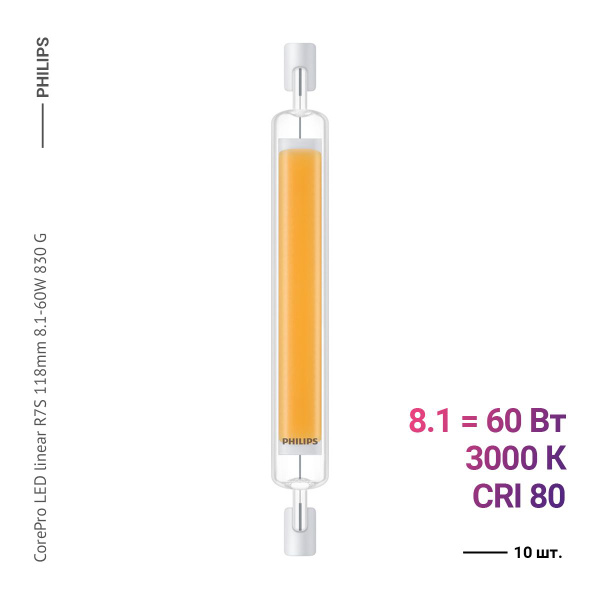 Лампочка Philips CorePro LED linear R7S 118mm 8.1-60W 830 G, Теплый ...