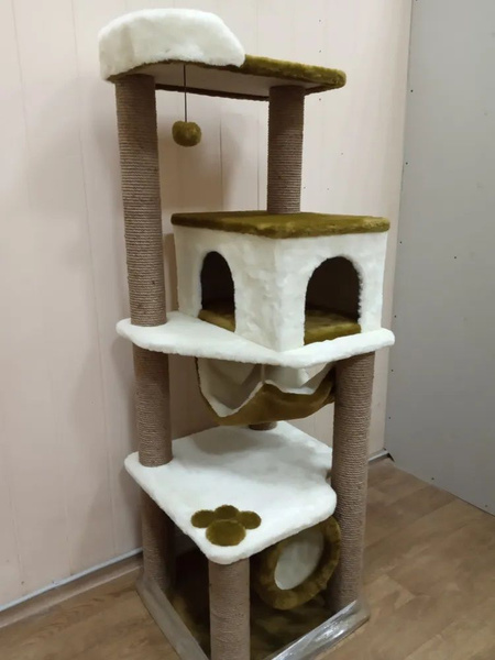 Когтеточка с домиком напольная высокая для кошки. Лежанки и столбик для ...