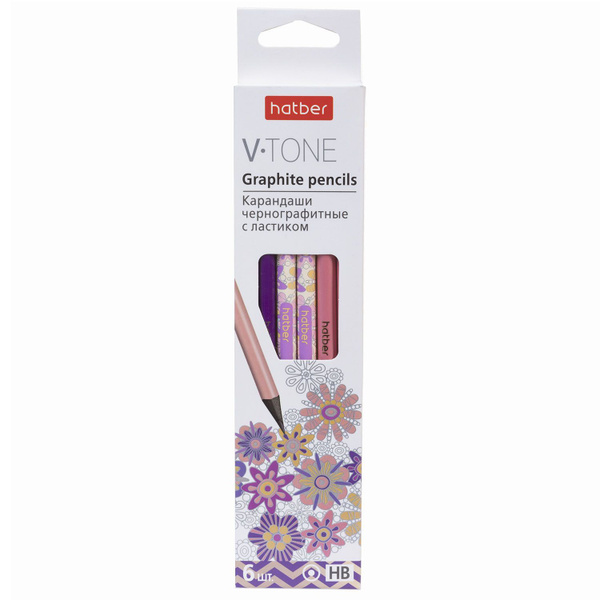 Набор чернографитных карандашей Hatber -V-tone- HB круглый корпус 6 штук с ластиком заточенные в ...