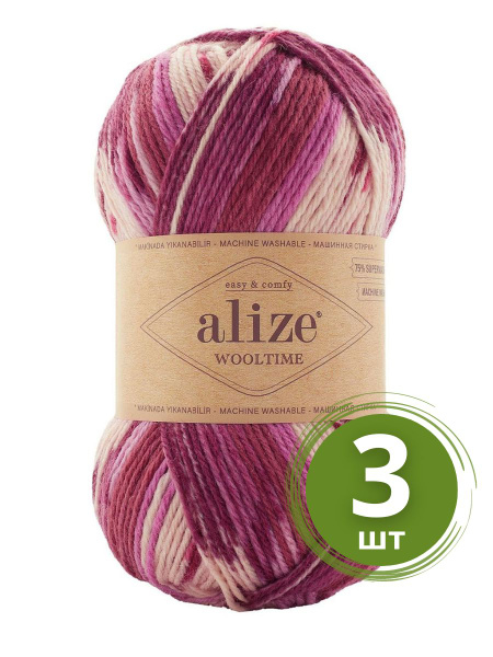 Пряжа Alize Wooltime (Вултайм) - 3 мотка Цвет: 11020 белый /розовый /фуксия 25% полиамид, 75% ...
