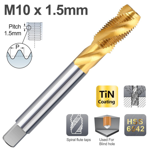 Метчик машинный спиральная канавка HSS, метрическая резьба, титановое покрытие, M10 x 1,5, 1 шт ...