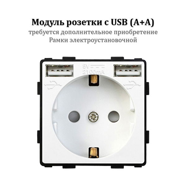 Розетка (модуль без рамки) электрическая с 2 USB (Type A+Type A) с ...
