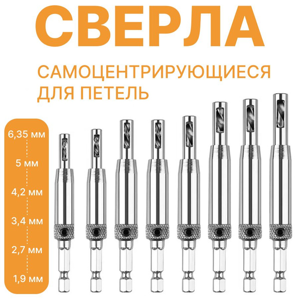 Самоцентрирующиеся сверла для петель Kige набор 8 шт (1,9-6,3 мм ...