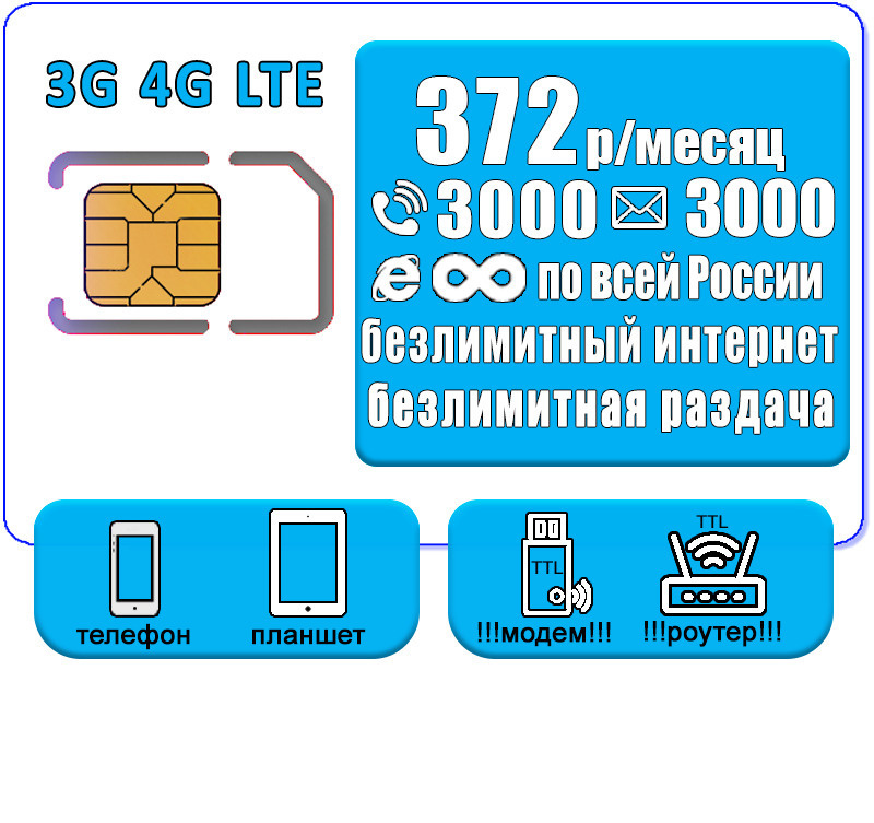 SIM-карта Безлимитный интернет, 3000мин/смс за 372 р/мес (Вся Россия ...