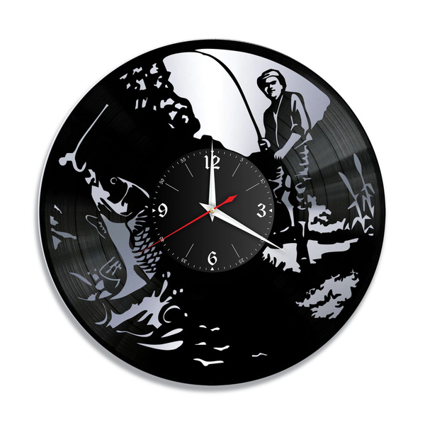 Настенные часы Рыбалка серебро из винила 9 купить по низкой цене в интернет магазине Ozon