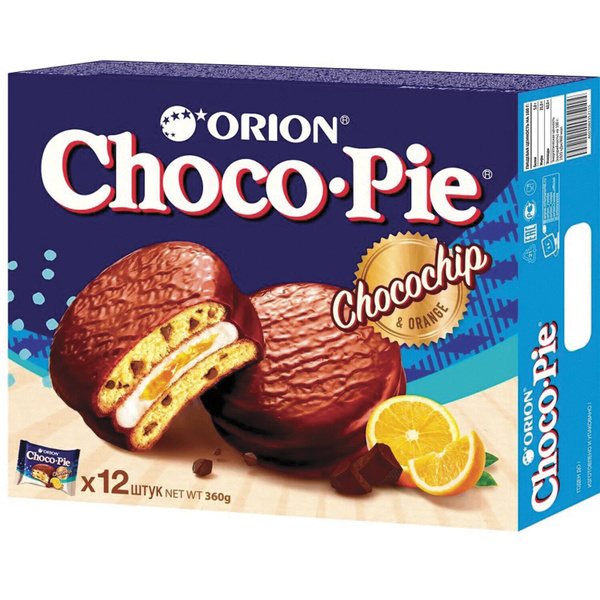 Печенье ORION "Choco Pie Chocochip" c апельсином и кусочками шоколада, 360 г (12 штук х 30 г ...