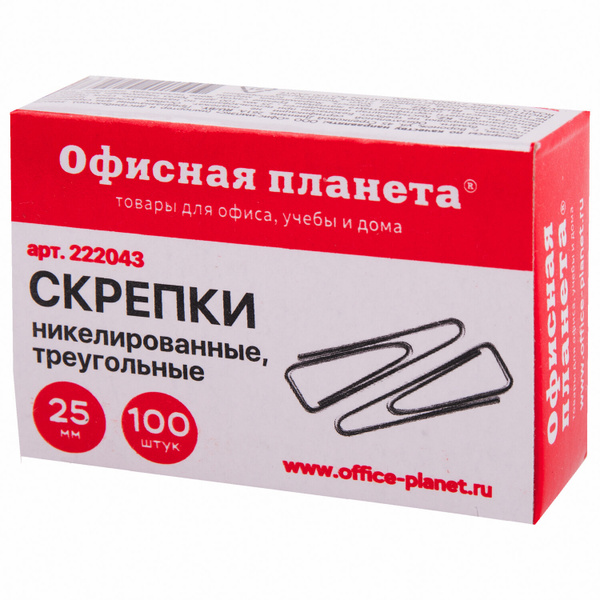 Скрепки ОФИСНАЯ ПЛАНЕТА, 25 мм, никелированные, треугольные, 100 шт., в ...