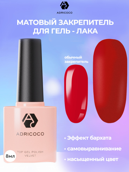 Закрепитель для гель-лака ADRICOCO Velvet (8 мл.)- матовый топ без липкого слоя средней ...