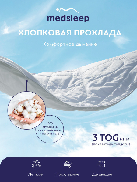 Одеяло Medsleep Хлопк, 175x200, с наполнителем Хлопковое волокно ...