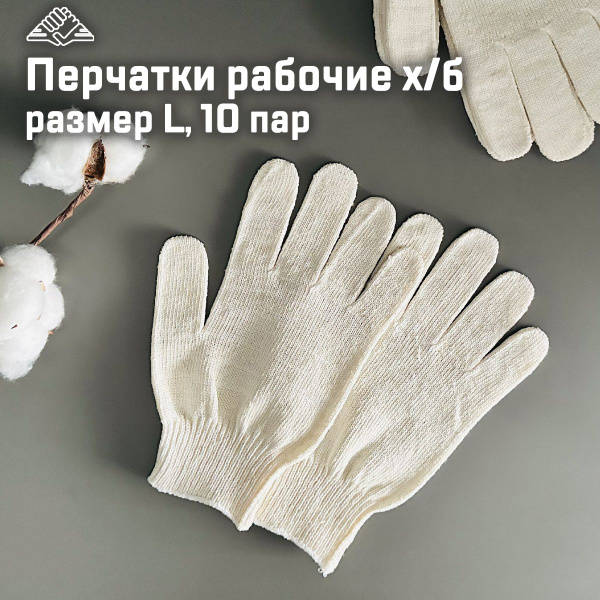 Перчатки хозяйственные, рабочие 10 пар, белые, хб / без ПВХ, Сибрук ...