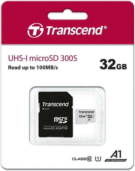 Transcend Карта памяти 300S 32 ГБ (TS32GUSD300S-A, microSDHC, SD Адаптер, UHS-I U1, V10, Class ...