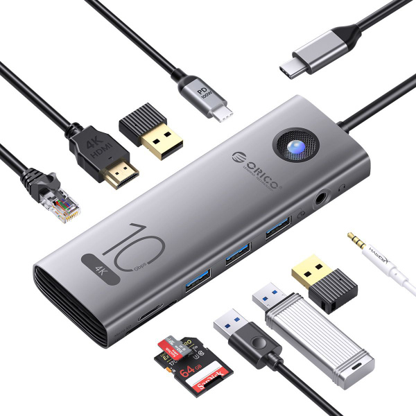 Док-станция для ноутбука ORICO CX10-10P Type-C HUB, PD 100 Вт, USB-A USB-C SD TF RJ45 , 3,5мм ...