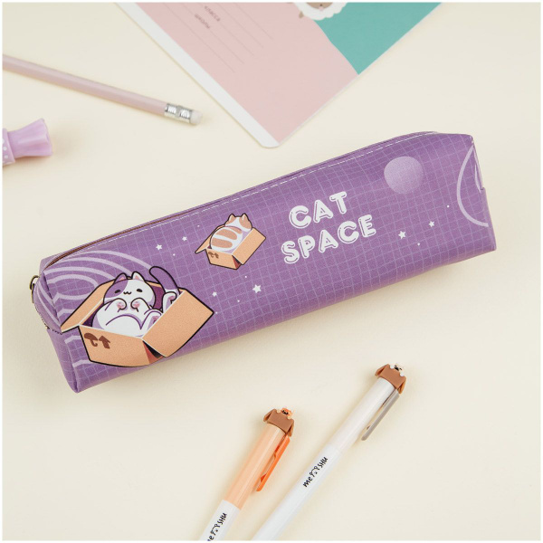 Пенал школьный для мальчиков и девочек мягкий 200*55*40 MESHU "Space cat", искусственная кожа ...