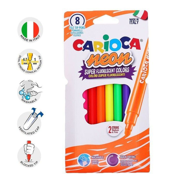 Фломастеры Carioca "Neon", 8 цветов, флуоресцентные, супер смываемые ...