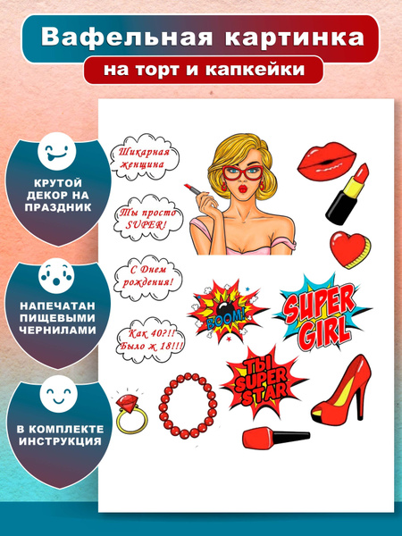 Вафельная картинка на торт с днем рождения. Поздравление женщине ...