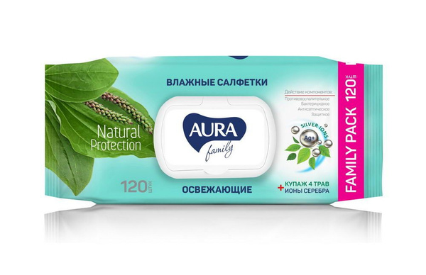 Салфетки влажные Aura Family, освежающие, big-pack с крышкой, 120 шт ...