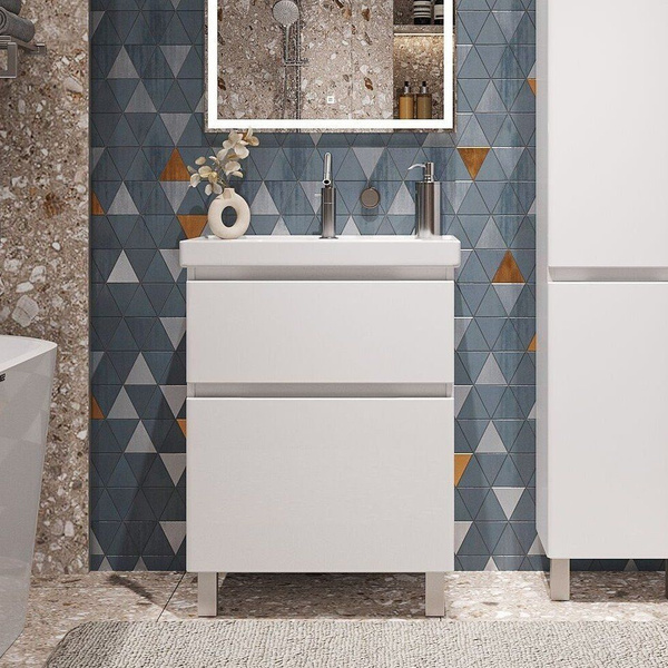 Тумба с раковиной SanStar Riana 60 60, 4 см, с ящиками, белая, прямоугольная, в современном ...