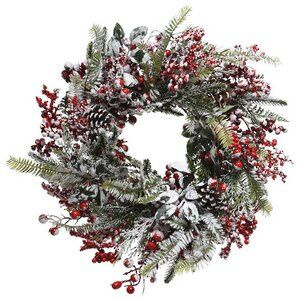 Новогодний венок Moscarola заснеженный 40 см, с красными ягодами и шишками, ЛИТАЯ 100% (Kaemingk ...