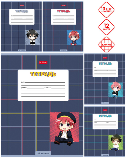 Набор тетрадей Hatber 12 листов, формата А5, в клетку, 65 г/кв. м, на скобе, 10 штук/5 дизайнов ...