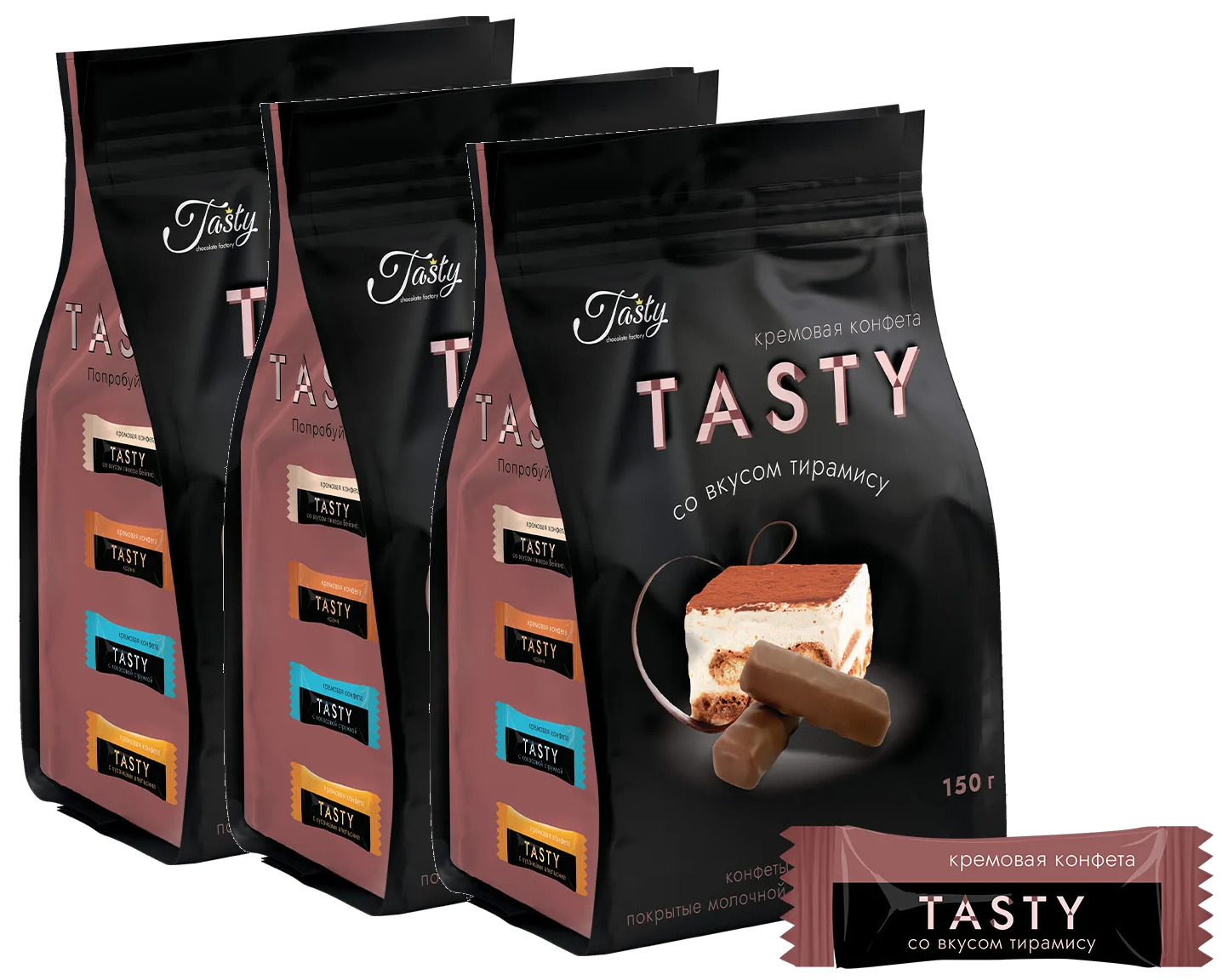 Конфеты кремовые TASTY со вкусом тирамису, 150гр х 3шт — купить в ...