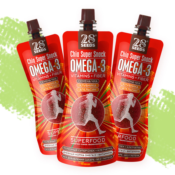 Супер-снек, смузи без сахара Чиа Омега-3 Клубника-Апельсин 28SEEDS 3 шт, 150 мл, омега 6 ...