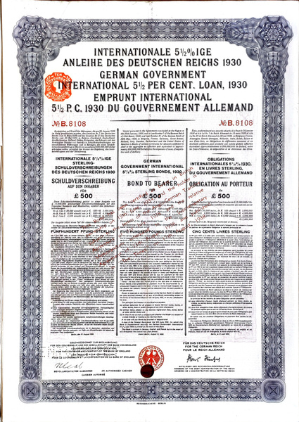 Международные 5.5% Облигации Немецкого Рейха 1930 года. Правительства Германии. Облигация в 500 ...