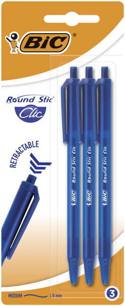 Ручка шариковая, автоматическая, синяя, среднее письмо, BIC Round Stic ...