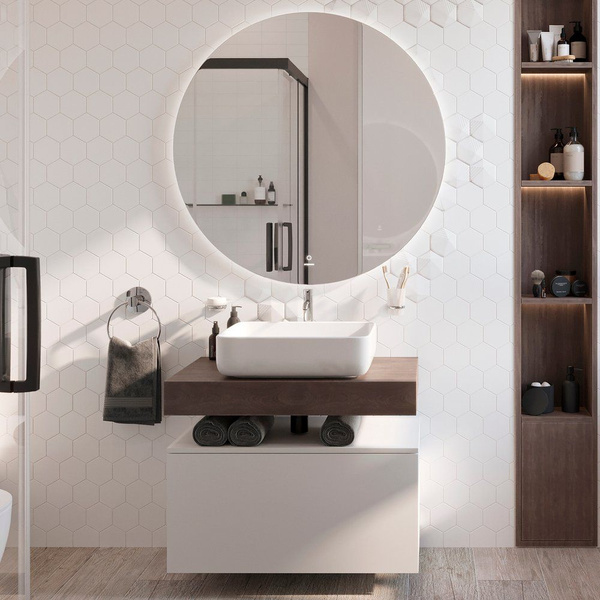 Мебель для ванной комнаты STWORKI Ольборг 80 столешница дуб карпентер, без отверстий, с тумбой ...