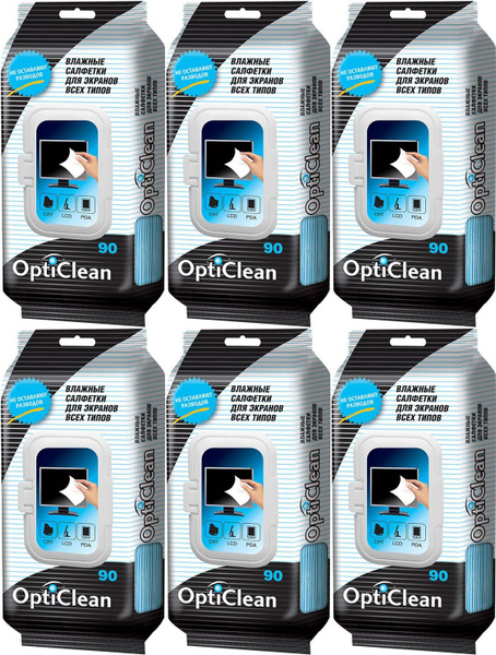Влажные салфетки OptiClean для экранов, комплект: 6 упаковок по 90 шт ...