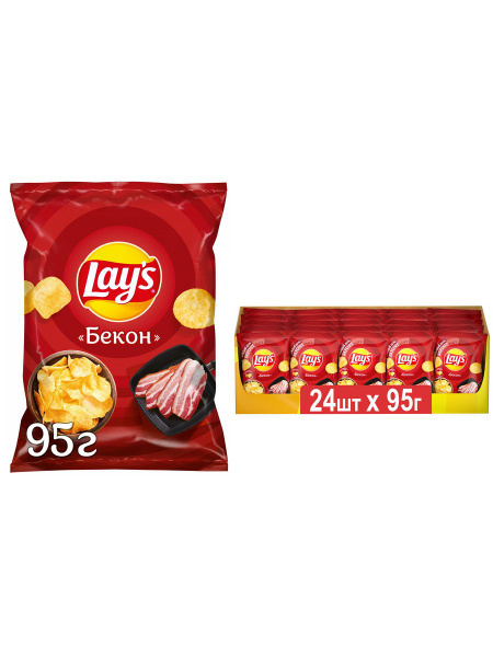 Lays / Лейс Чипсы картофельные, со вкусом Бекона, Шоубокс, 24шт.*95гр ...