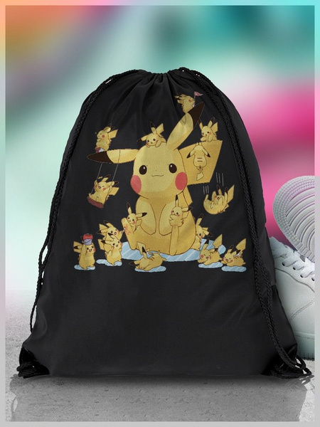 Мешок для сменной обуви ДТФ черный Аниме Pokemon ( Покемоны, Пикачу ...