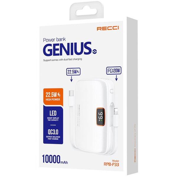 Внешний аккумулятор (Power Bank) RECCI RPB-P33 Genius 10000мАч, USB + Type-C, 22.5+PD20 Вт ...
