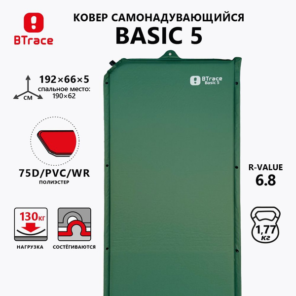 Коврик туристический самонадувающийся BTrace BASIC 5, зеленый, 192*66*5 см купить на OZON по ...