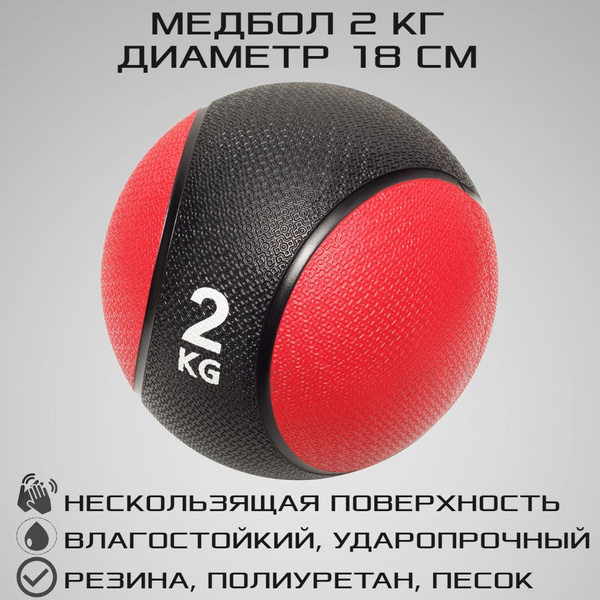 Медбол 2 кг STRONG BODY, черно-красный (медицинский мяч для фитнеса ...