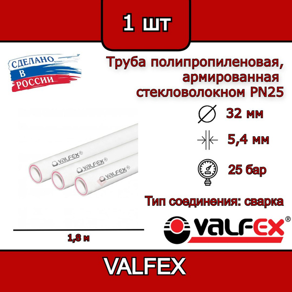 Труба полипропиленовая белая, армированная стекловолокном PN25 32х5.4мм Valfex - купить по ...