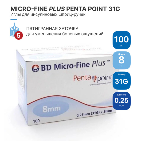 Иглы инъекционные, одноразовые BD Micro-Fine Plus PENTA POINT 8мм, 100шт, для инсулиновых шприц ...